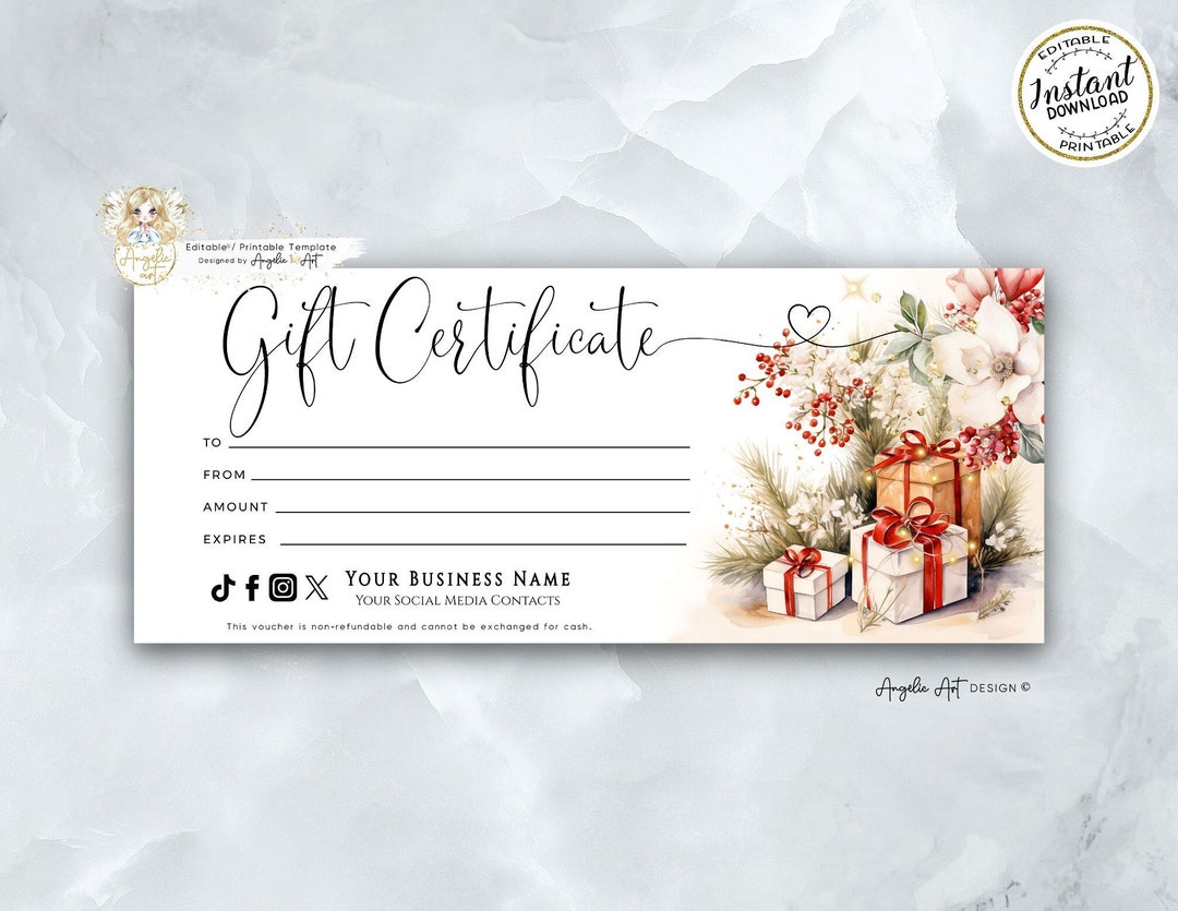Editable Christmas Gift Certificate Holiday Printable Gift Voucher Red ...