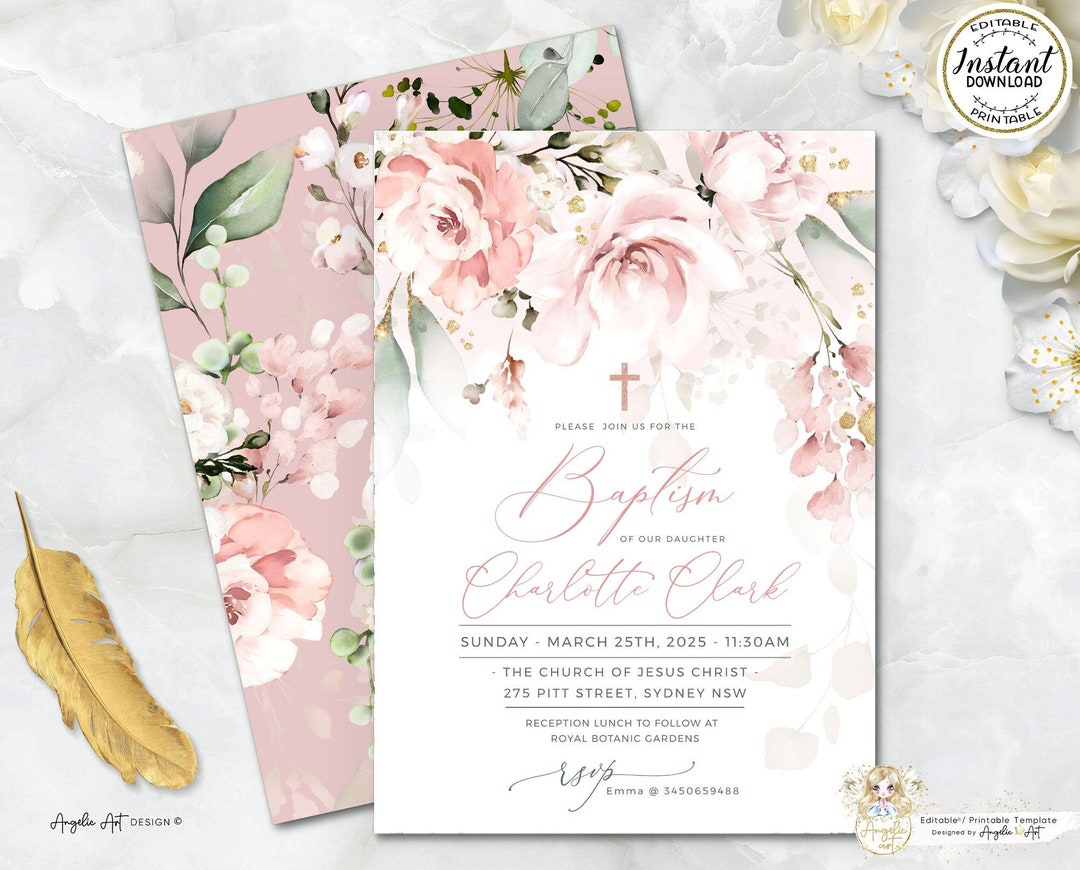 AVA BLUSH Pink Baptism Invitation Template Girl Baptism - Etsy