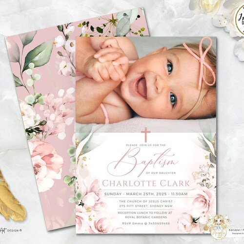 AVA Floral Blush Pink Girl Photo Baptism Invitation - Etsy