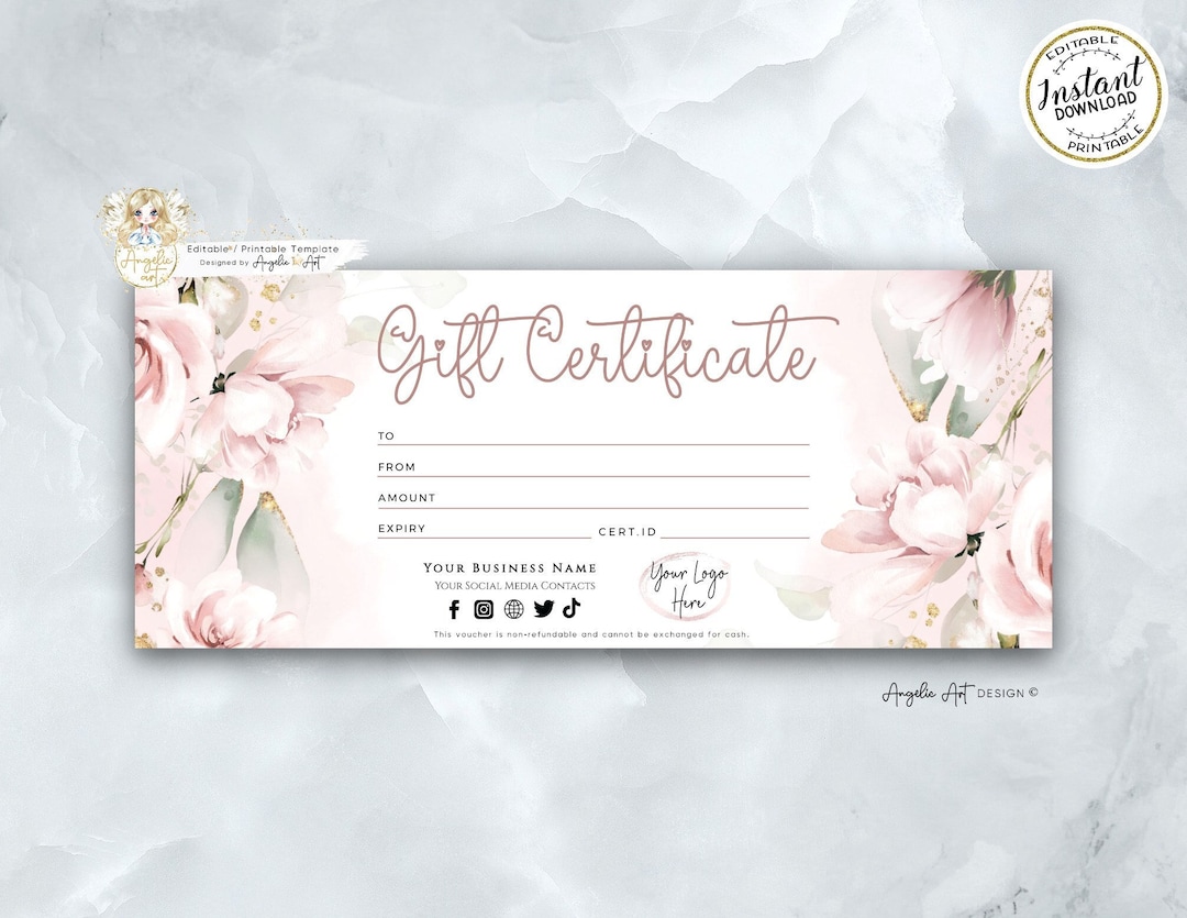 Editable Floral Gift Certificate Template, Modern Blush Pink Gift Card ...