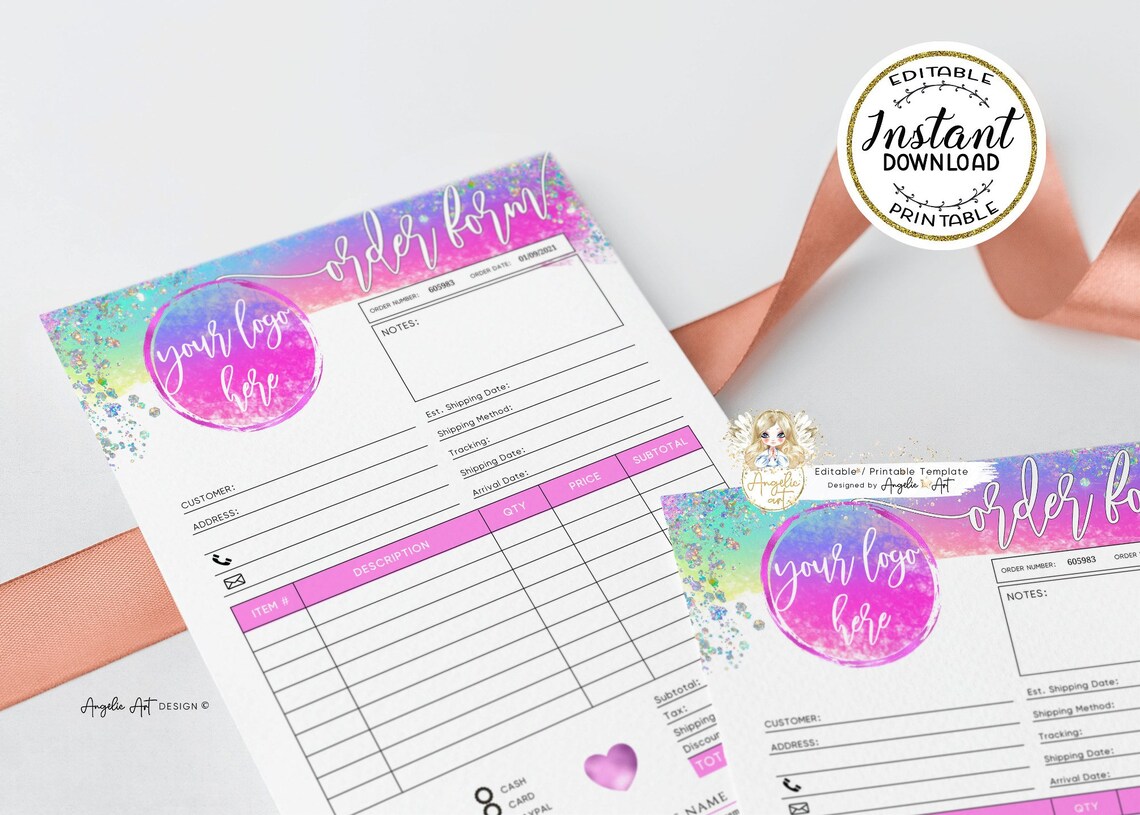 FAIRY - Holographic Glitter Pink Order Form Template - EDITABLE ...