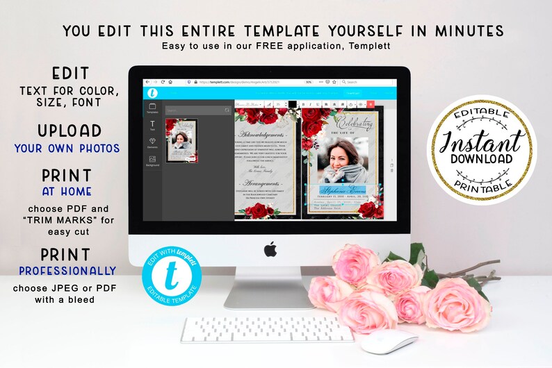 Red Roses Funeral Program Template, Order of Service (editable, Digital ...