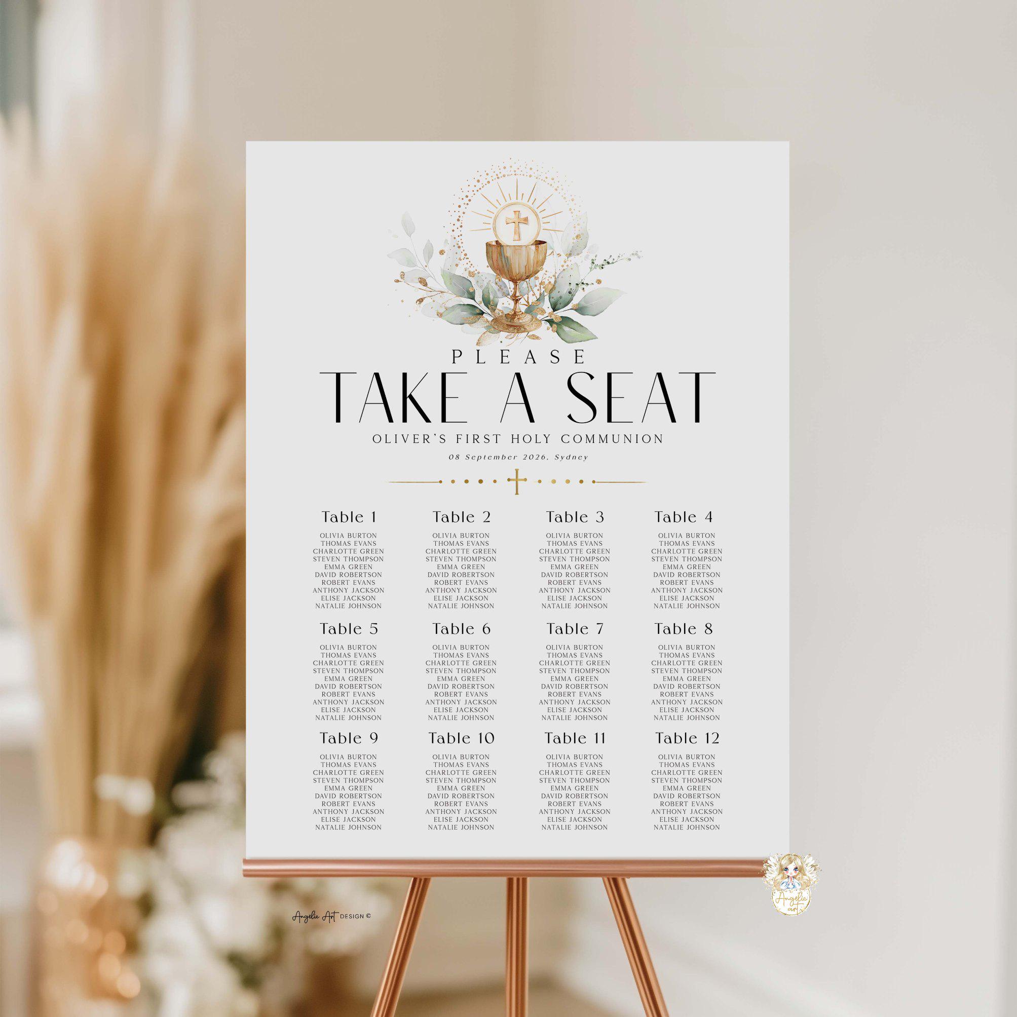 LEO - Greenery Gold Chalice First Holy Communion Seating Chart Template ...