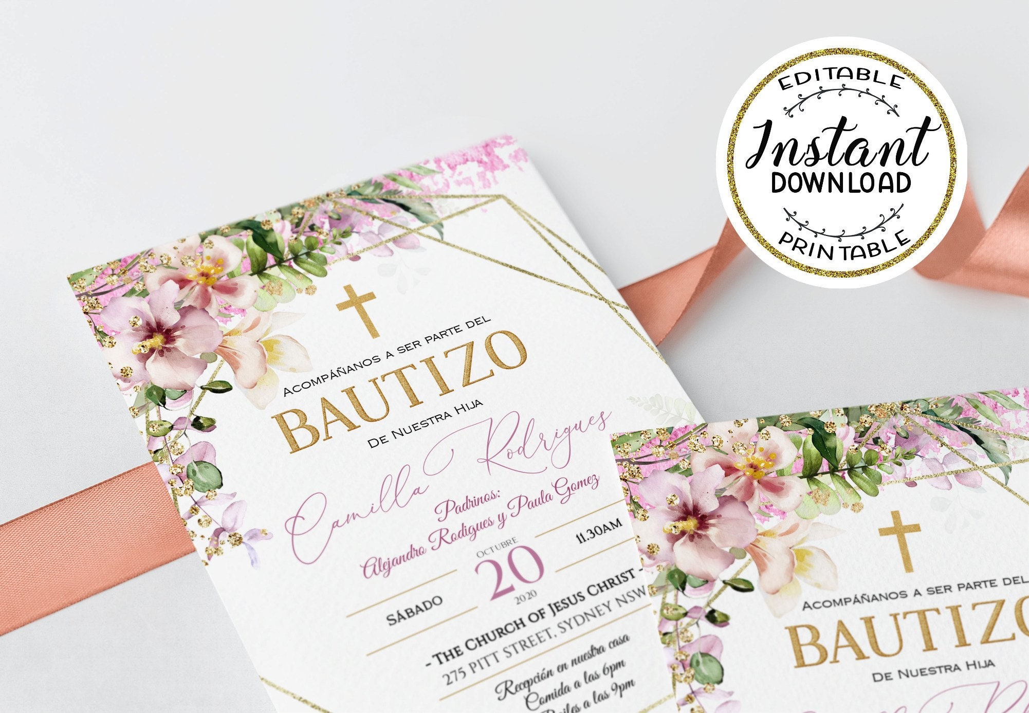 Bautizo Invitations Pink Gold Invitacione De bautizo Niña - Etsy México