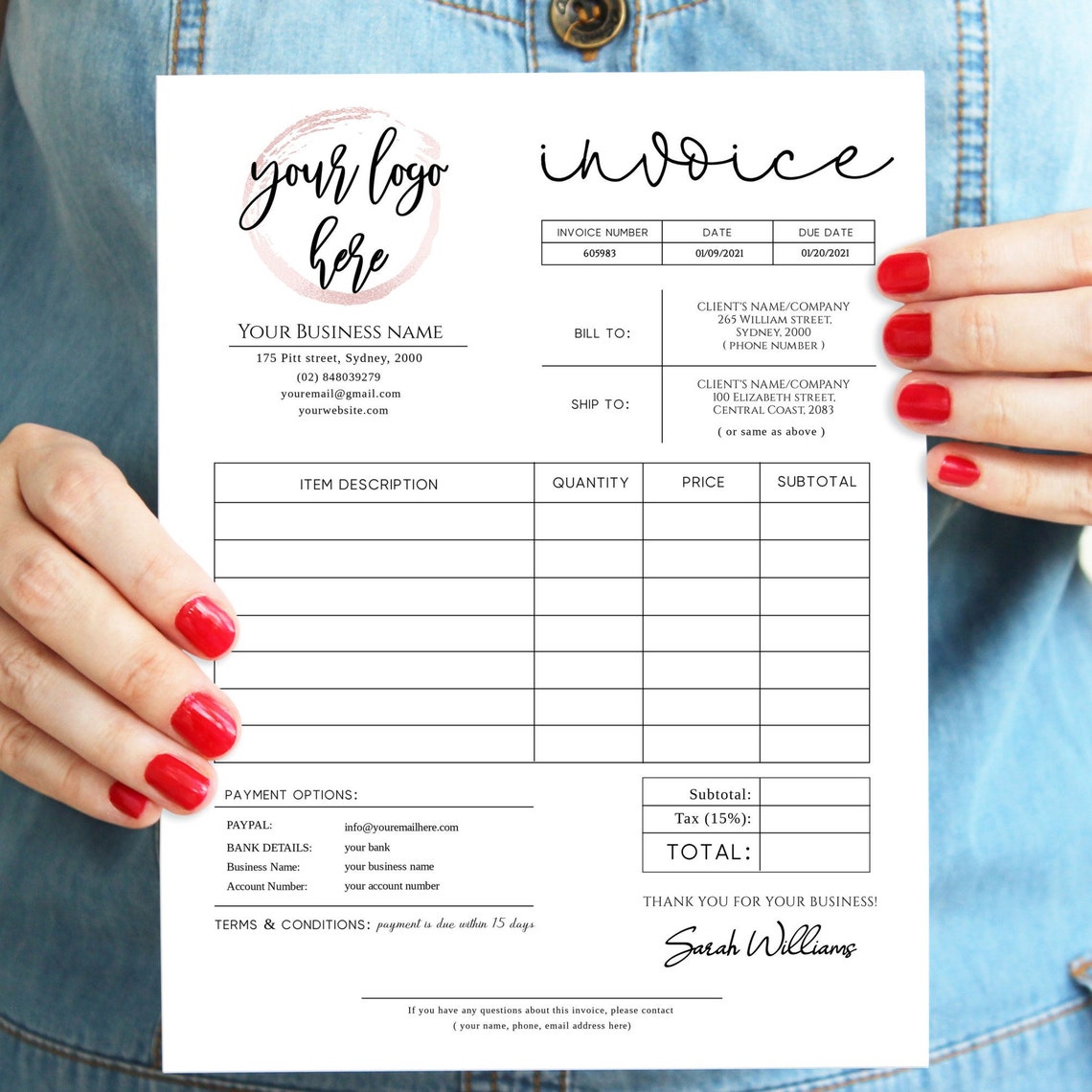 Editable Simple INVOICE Form Template - Modern Printable Invoice - Add ...
