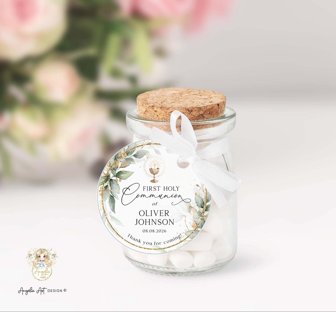ROWAN - Greenery Gold First Holy Communion Favor Tags EDITABLE Template ...