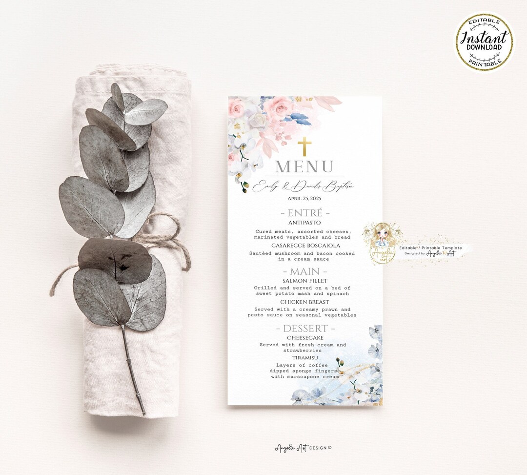 ALEXIS - Pink Blue Orchid Baptism Menu Template Editable Baptism Menu ...