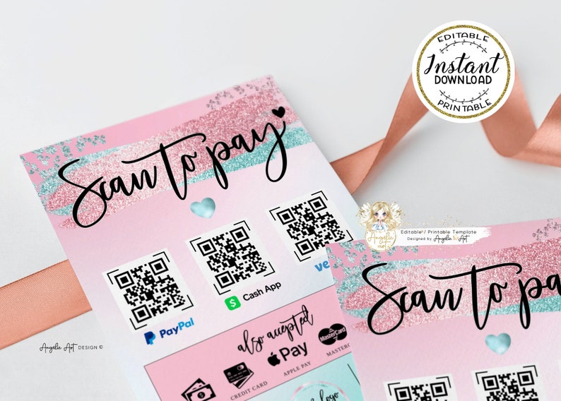 MINT Pink Scan to Pay Template Teal Rosegold Glitter Payment - Etsy