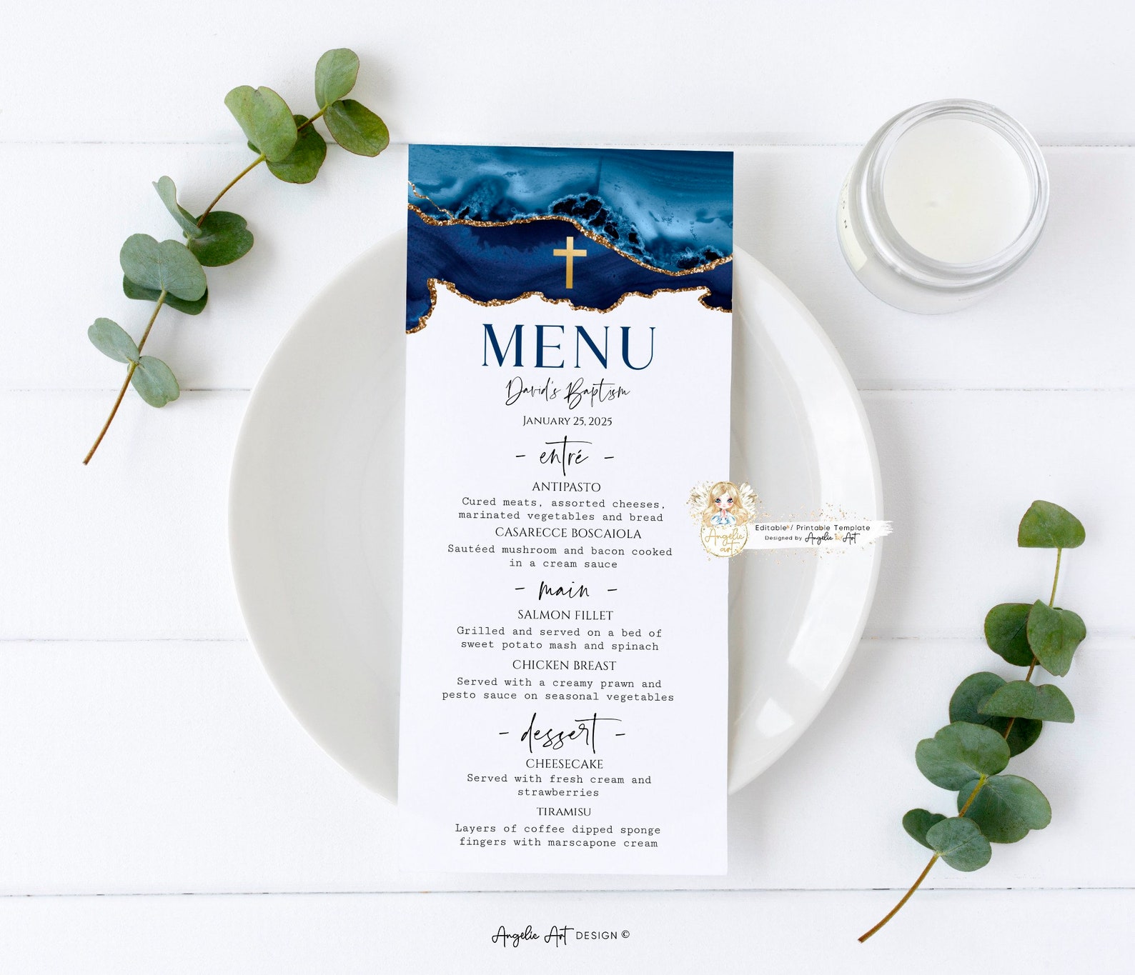 Deep Blue Gold Baptism Menu Template, Editable Printable (digital ...