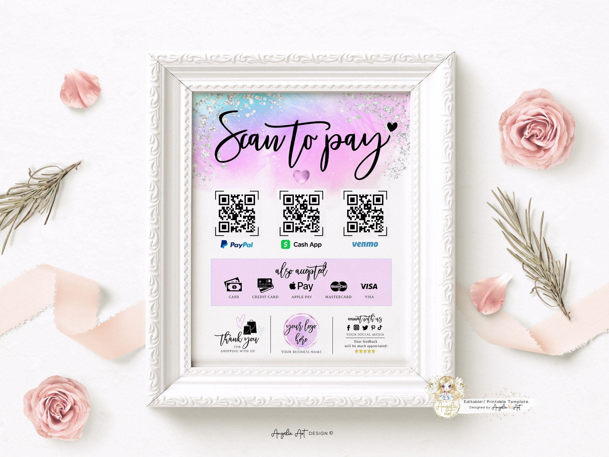 DREAMY - Scan to Pay Template, Lilac Pink Blue Payment Sign, Pastel QR ...