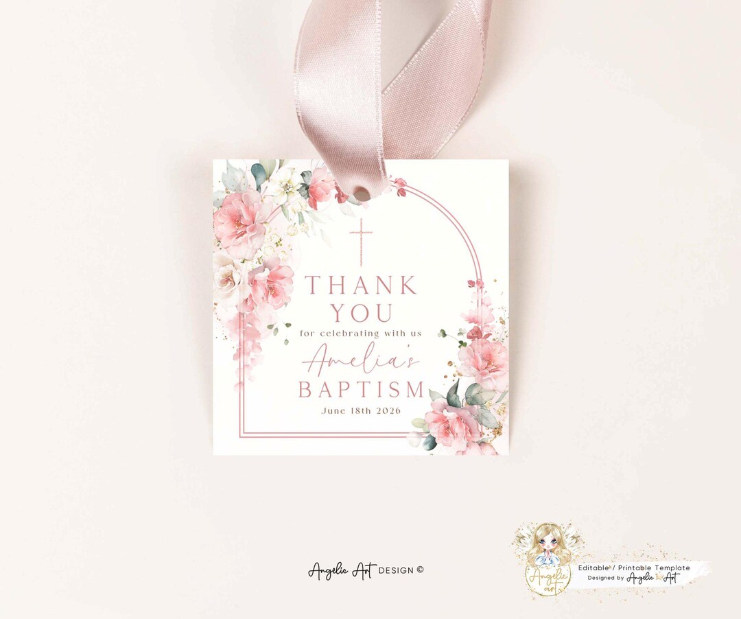 BELLE - Blush Pink Floral Baptism Favor Tags Template Pink Christening ...