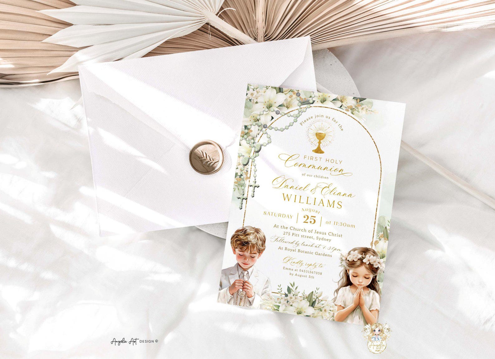 ALEX - White LILY Boy Girl Twins First Holy Communion Invitation ...