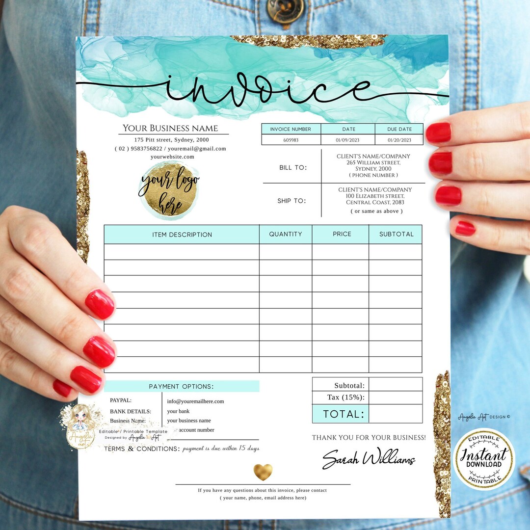 NYMPH Aqua Teal Gold INVOICE Template EDITABLE Teal Gold - Etsy