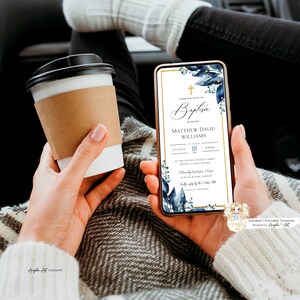 ST PETER Blue Gold Boy Baptism Evite Template Blue Leaves Boy Baptism ...