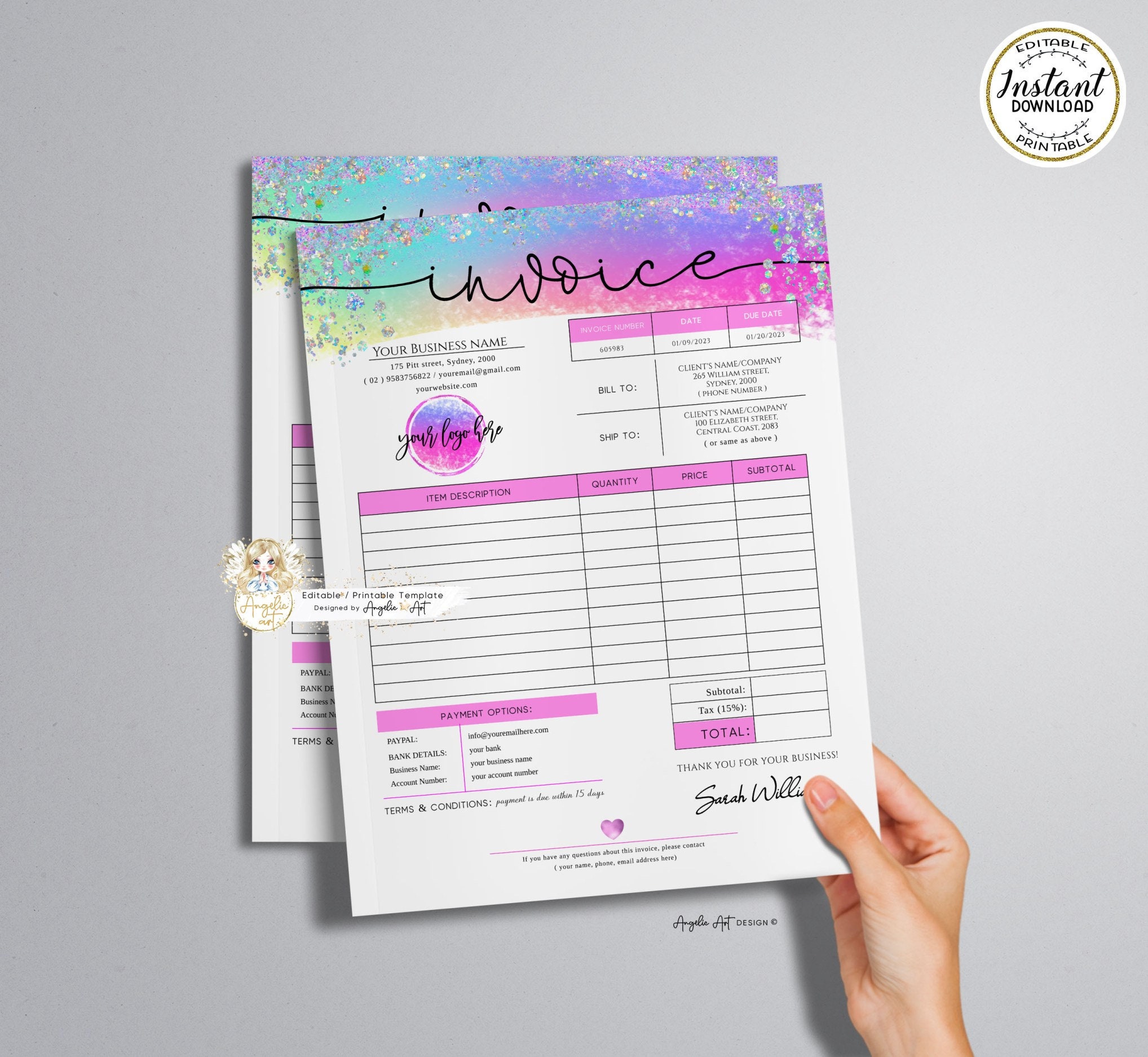 FAIRY Neon Rainbow Invoice Form Template EDITABLE Modern - Etsy