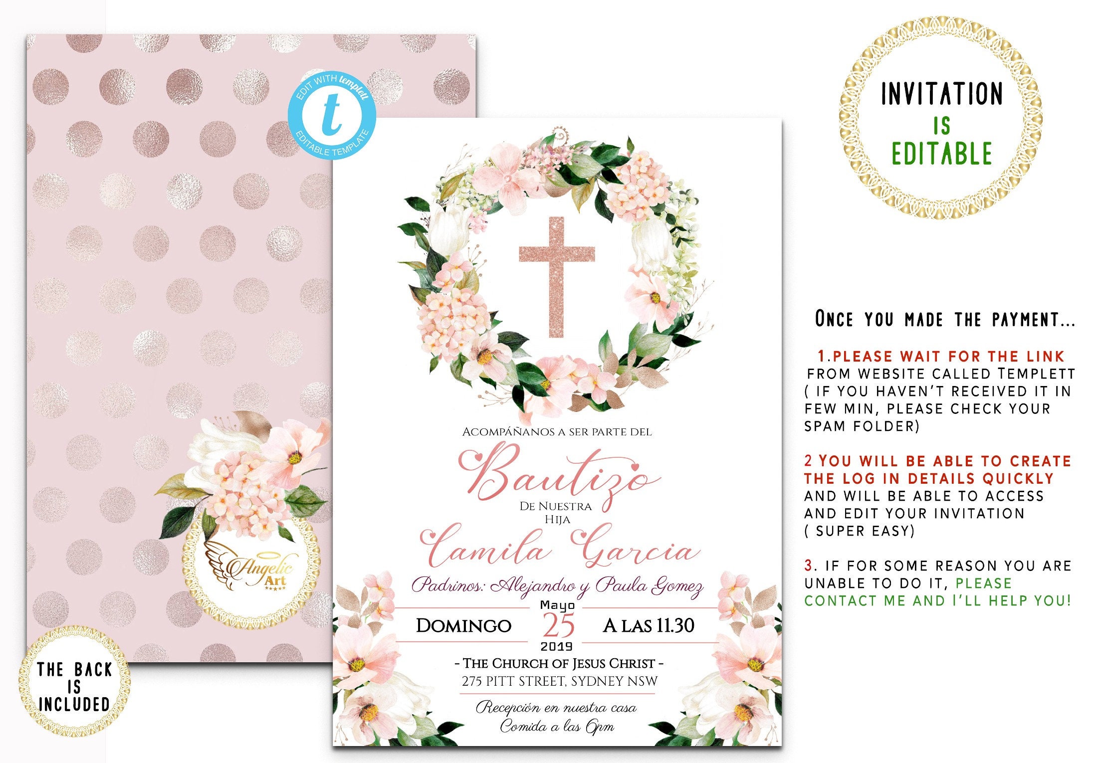 Paper Invitations Bautizo invitation invitacion Rose Gold Metallic Foil ...