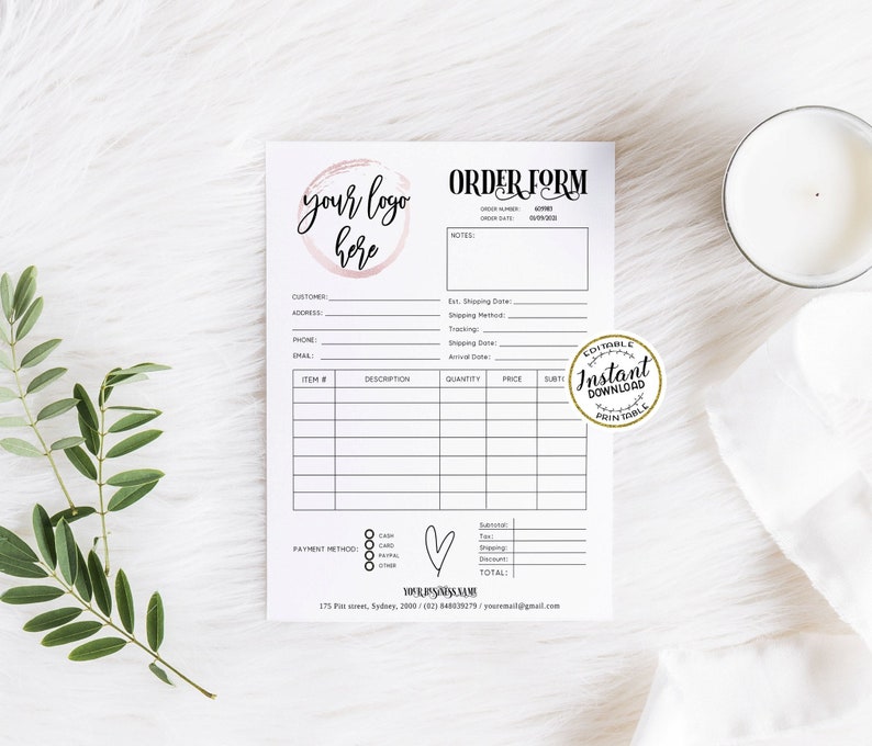 EDITABLE Printable Order Form Template ADD Your LOGO Business Invoice ...