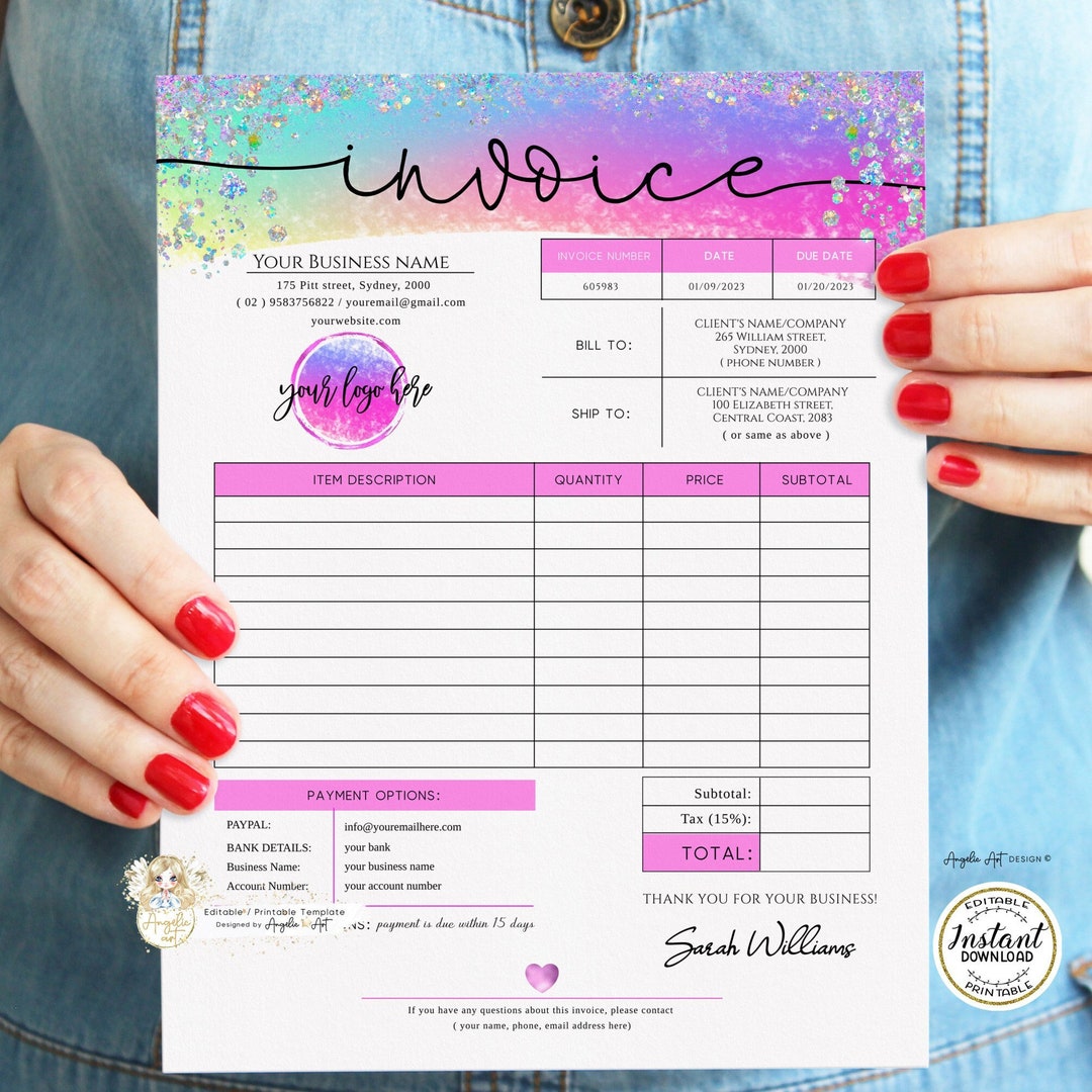 FAIRY - Neon Rainbow Invoice Form Template - EDITABLE Modern Printable ...