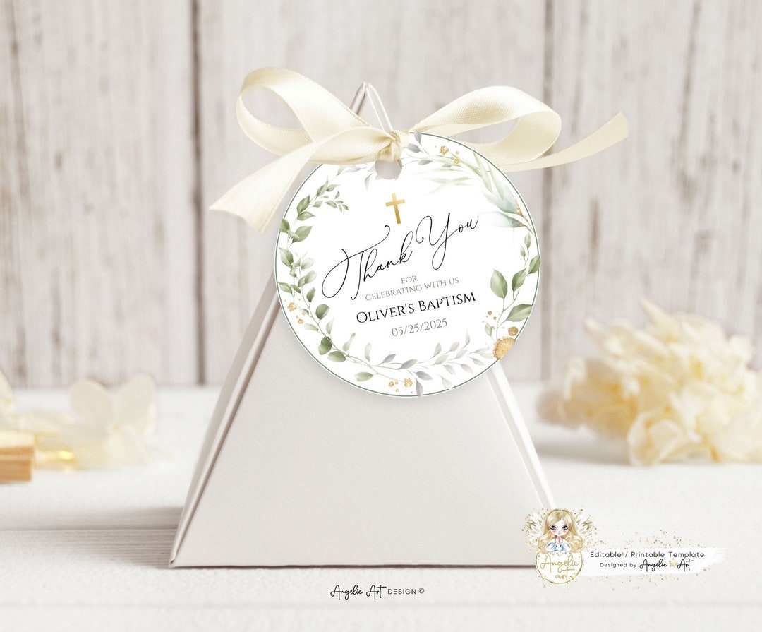 THEODORE - Editable Greenery Gold Round Baptism Favor Tags Template ...