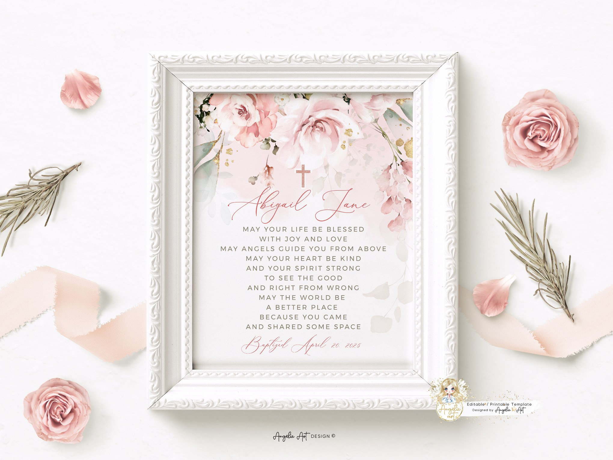 AVA - Blush Pink Baptism Blessing Sign: Floral Prayer Printable ...