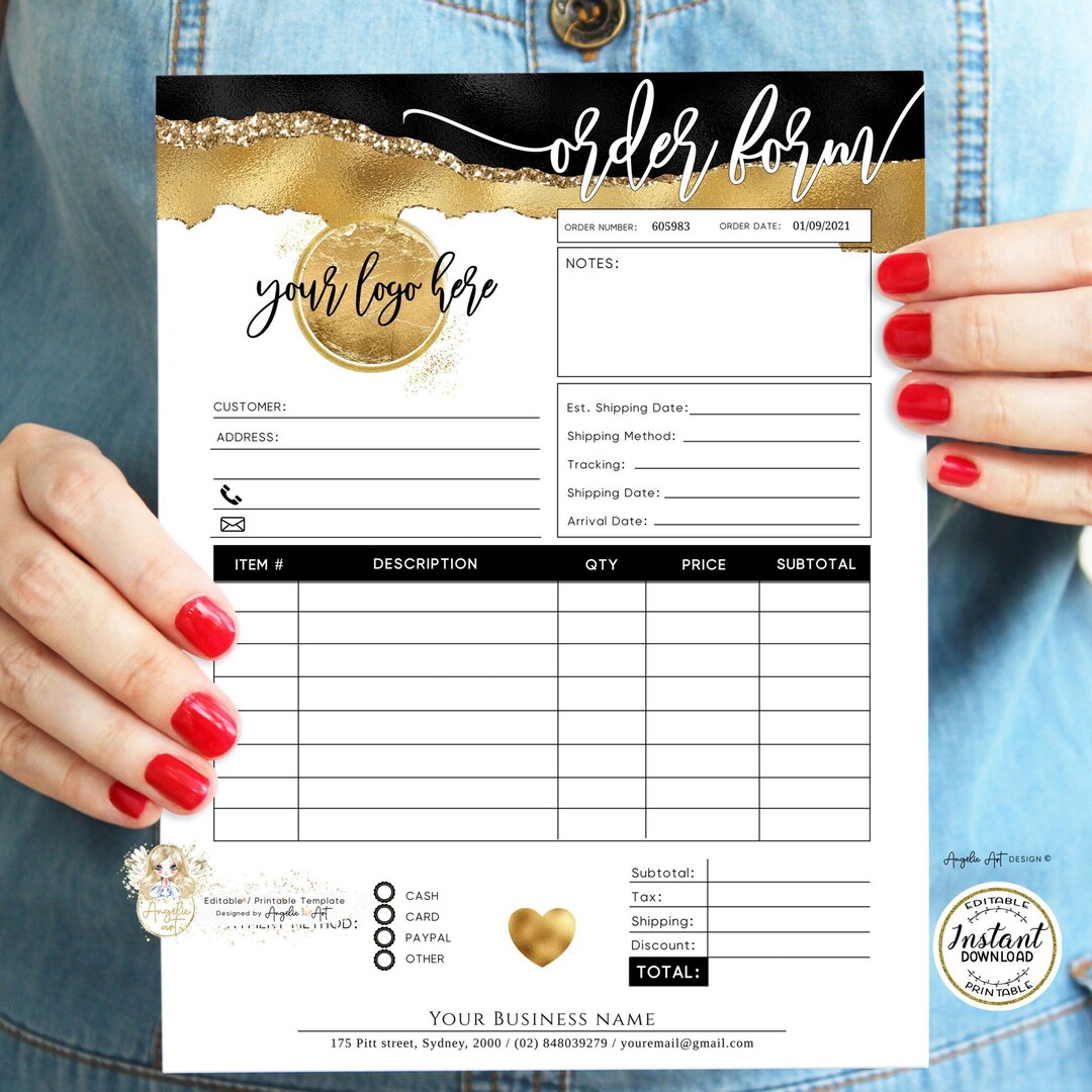 TOUCAN - Black Gold Glitter Order Form Template EDITABLE Printable ...