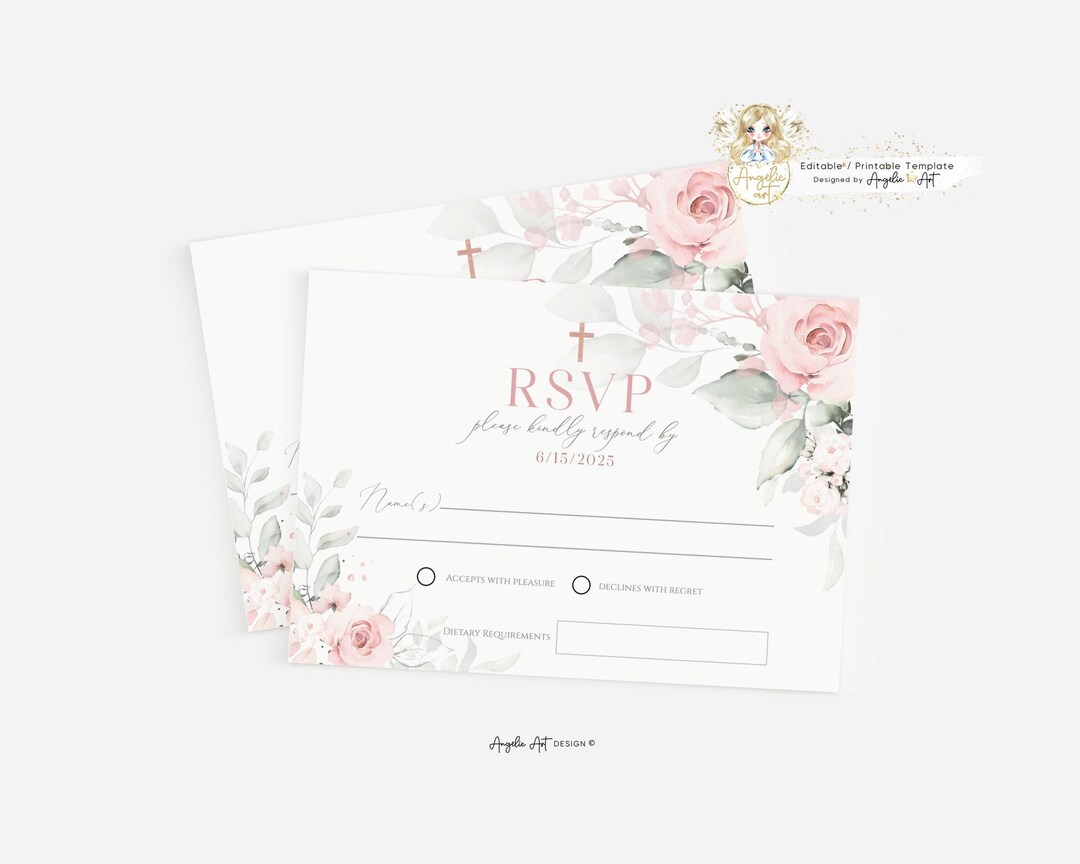DELICATE Baptism RSVP Card Template, Girl Baptism Invitation Rsvp, Pink ...