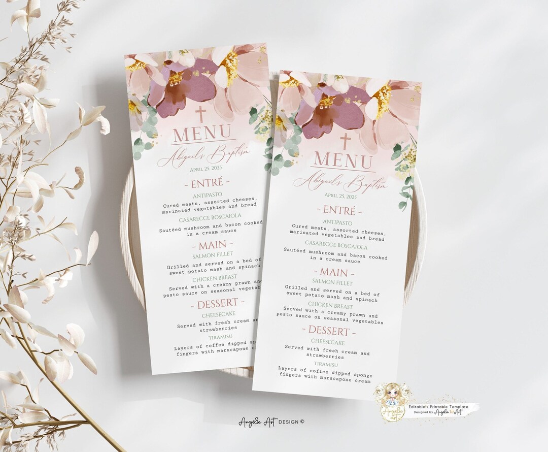 ALMA - Dusty Pink Floral Baptism Menu Templat, EDITABLE Printable ...