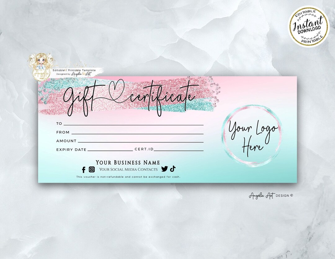 MINT PINK Glitter Gift Certificate Template, EDITABLE Modern Gift ...