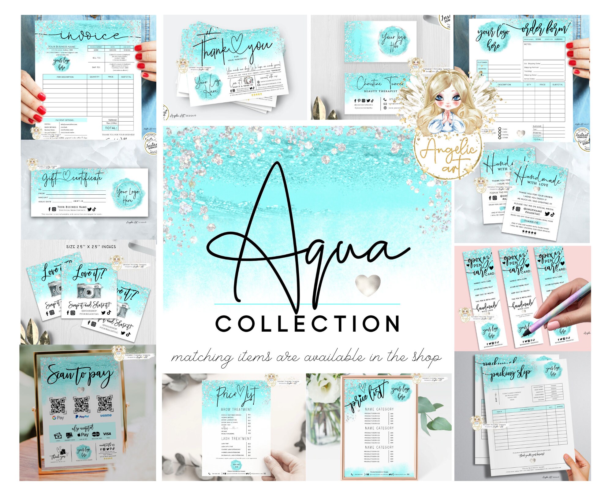 AQUA - Editable Price List Template, Printable Aqua Silver Glitter ...