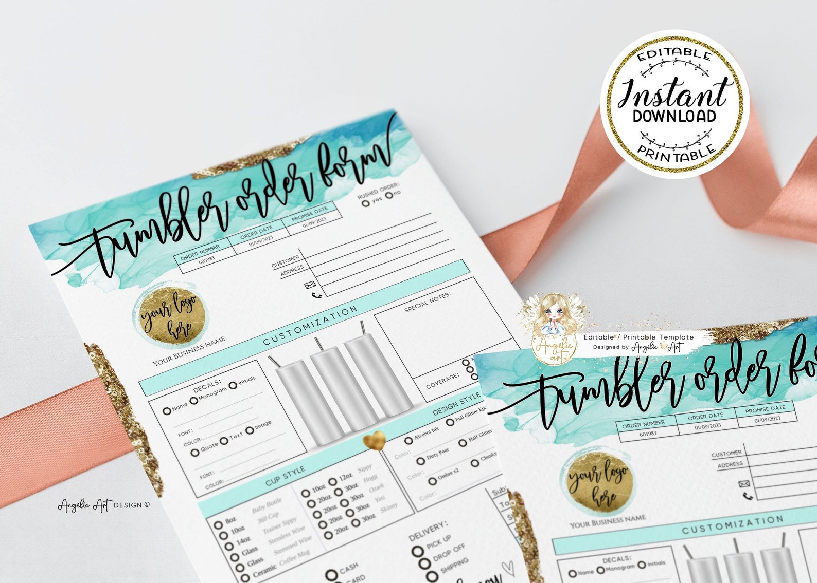 NYMPH Editable Tumbler Order Form Template TEAL Gold Modern - Etsy
