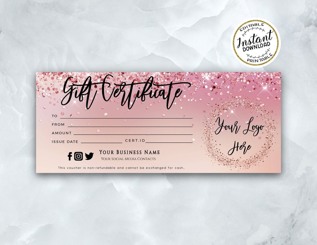 GLAM - Rosegold Glitter Gift Certificate Template, Modern Glam Editable ...