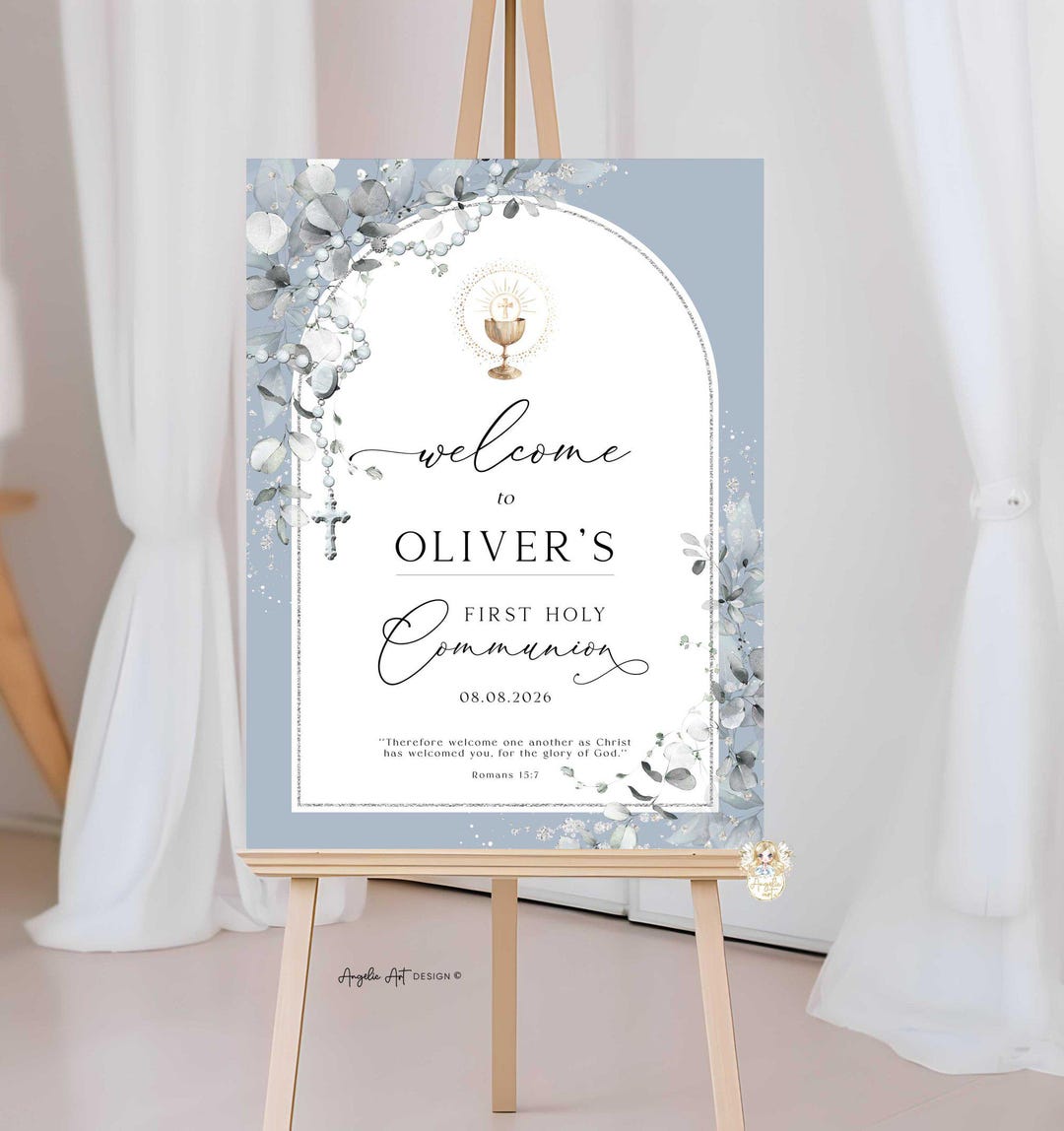 MATEO - Editable DUSTY Blue Silver Arch First Holy Communion Welcome ...