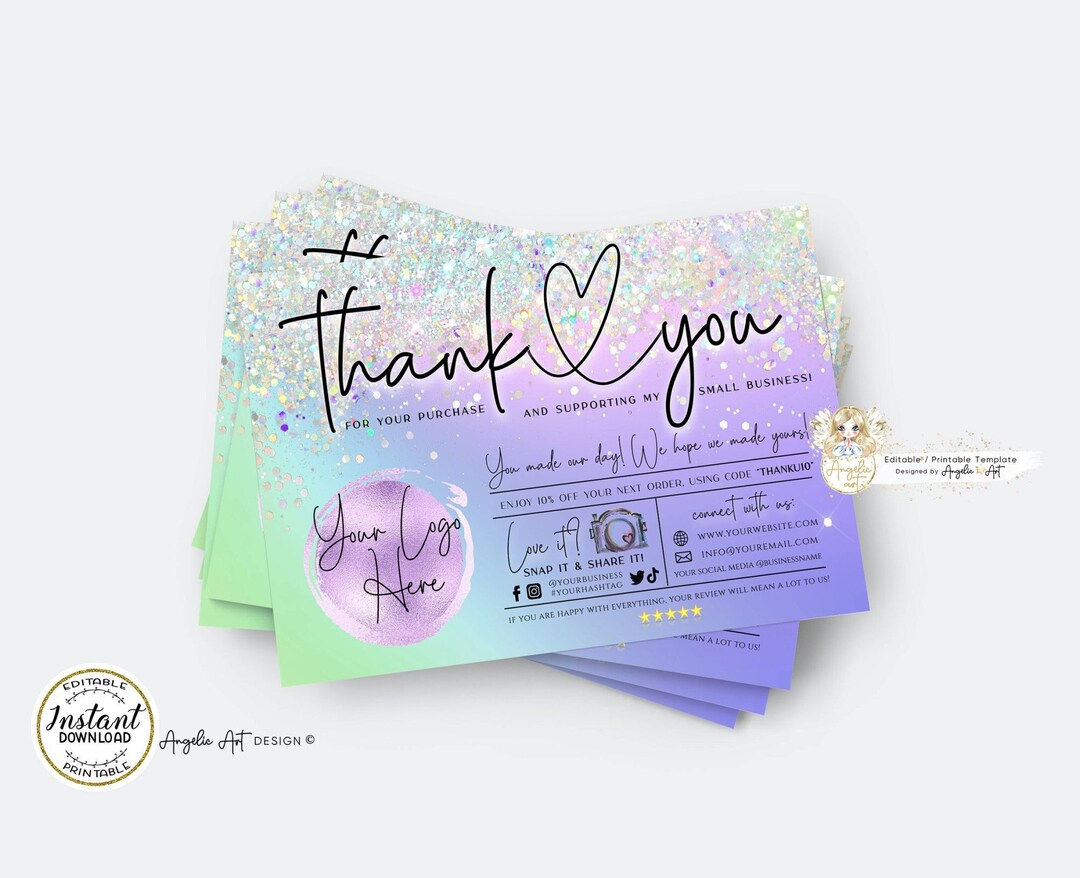 ELF - Holographic Business Thank You Template, EDITABLE Order Insert ...