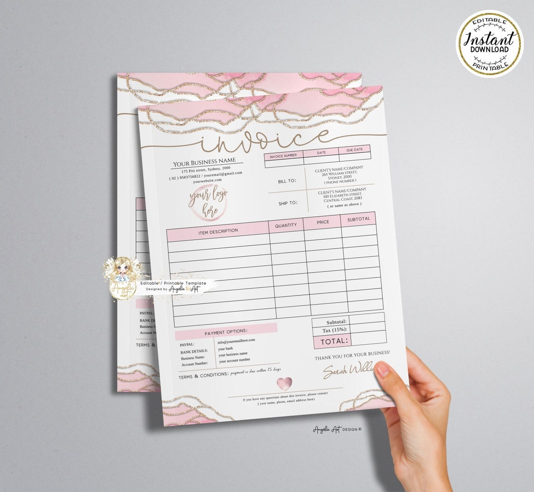 BLOSSOM Blush Pink Gold Invoice Form Template EDITABLE Modern Printable ...