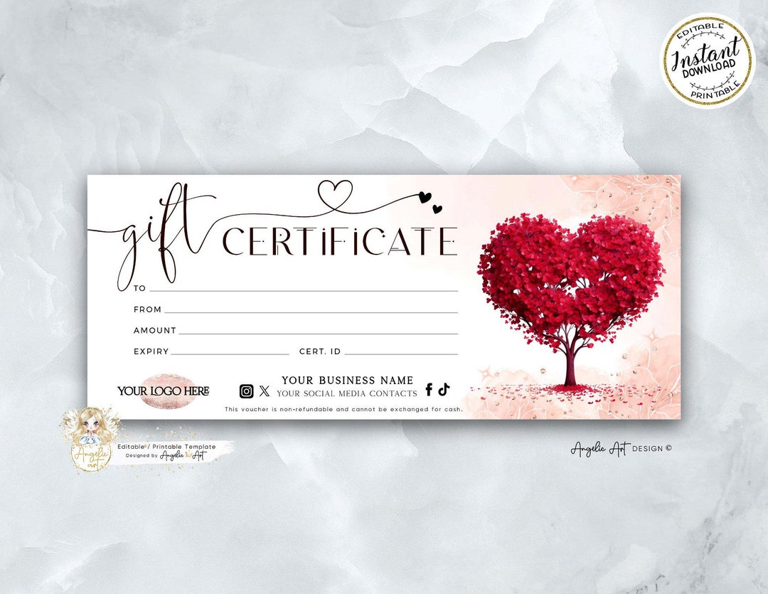 EDITABLE Red Tree Heart Gift Certificate Template Valentine Gift ...