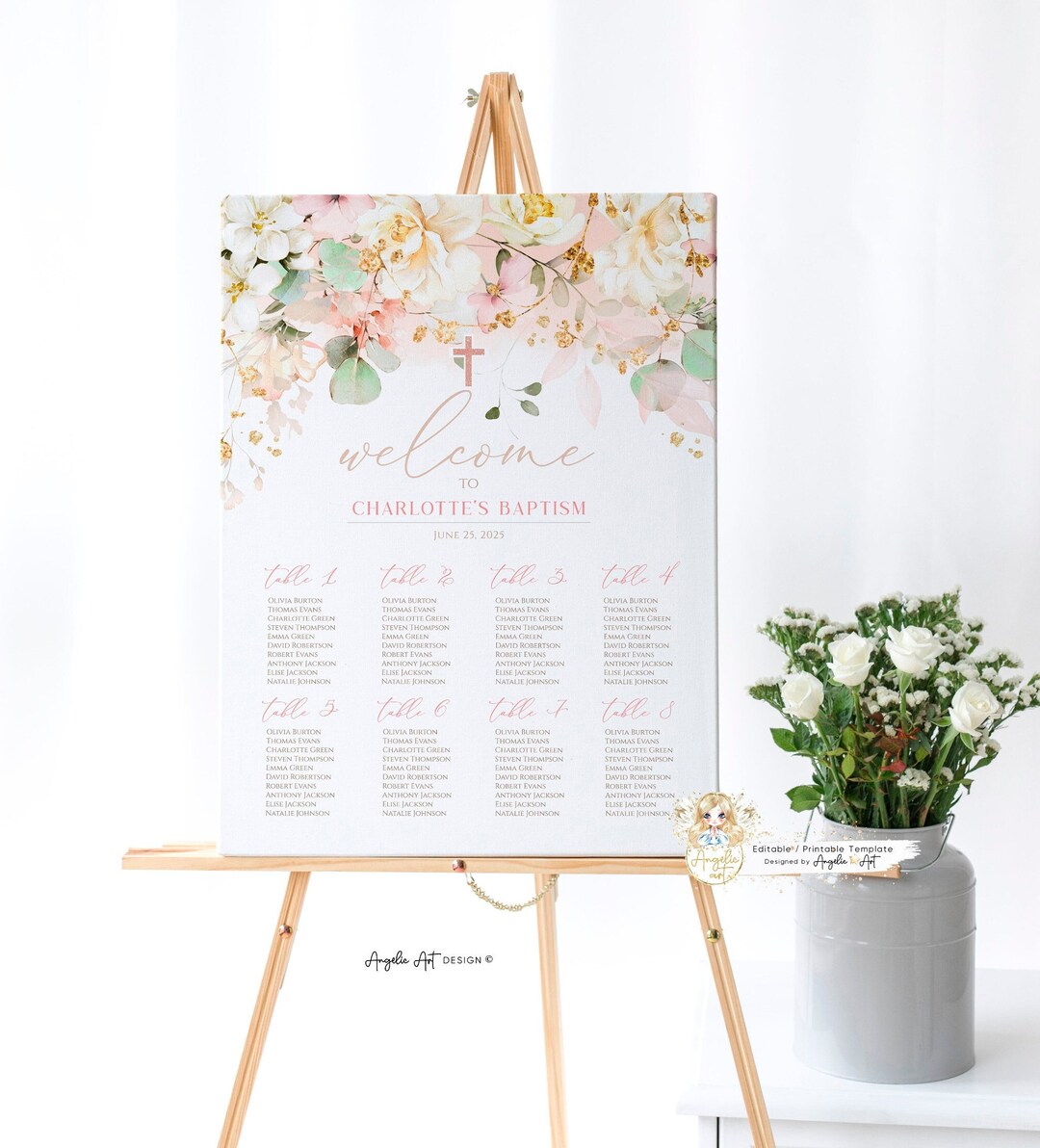 EMMA - Creamy Floral Baptism Seating Chart Template, Please Find Your ...