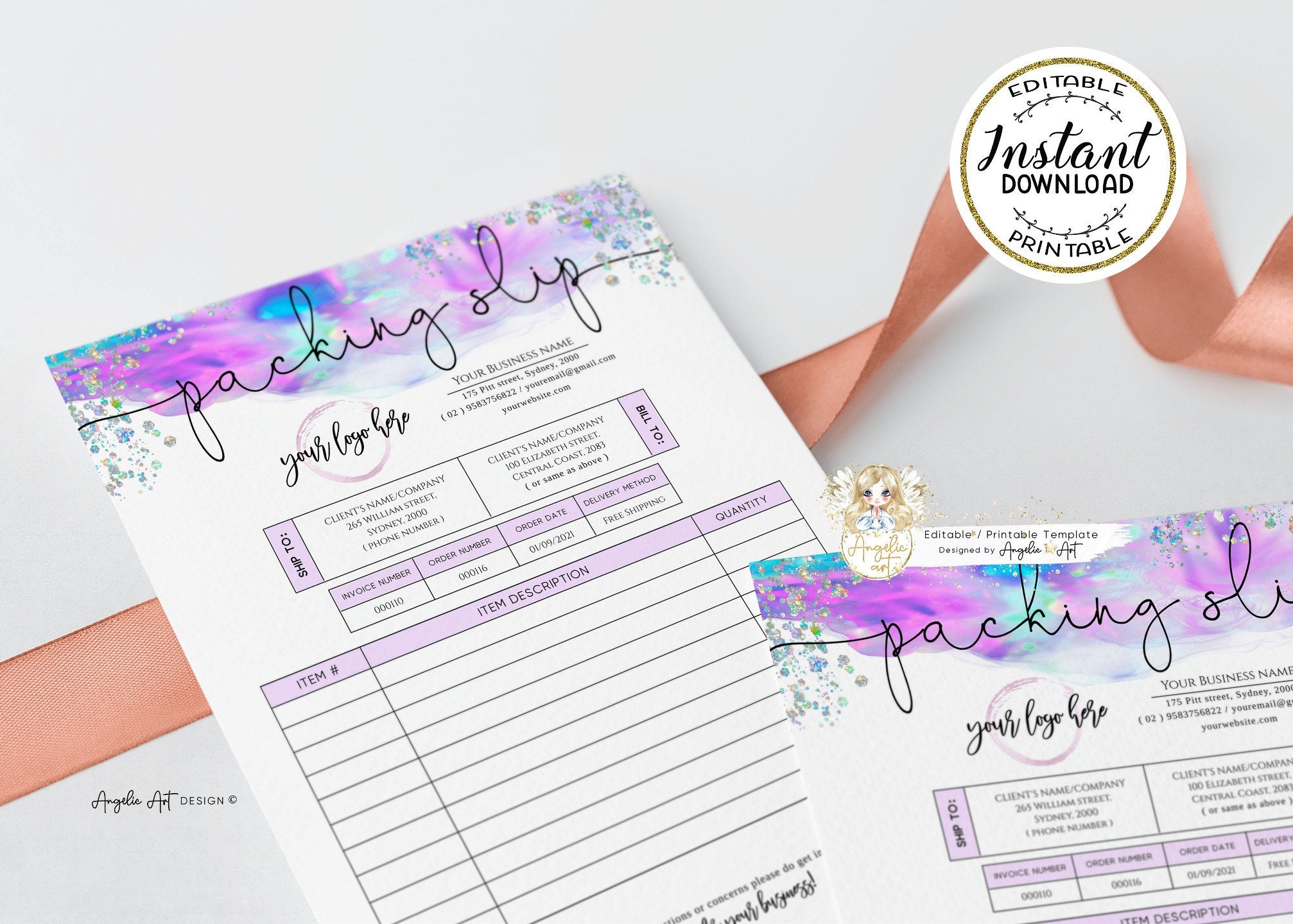 COLIBRI Holographic Glitter Packing SLIP Template Editable - Etsy