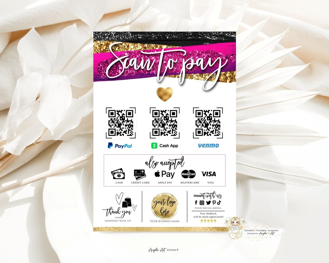 HOT Pink Gold Black Glitter Scan to Pay Template Pink Gold Payment Sign ...