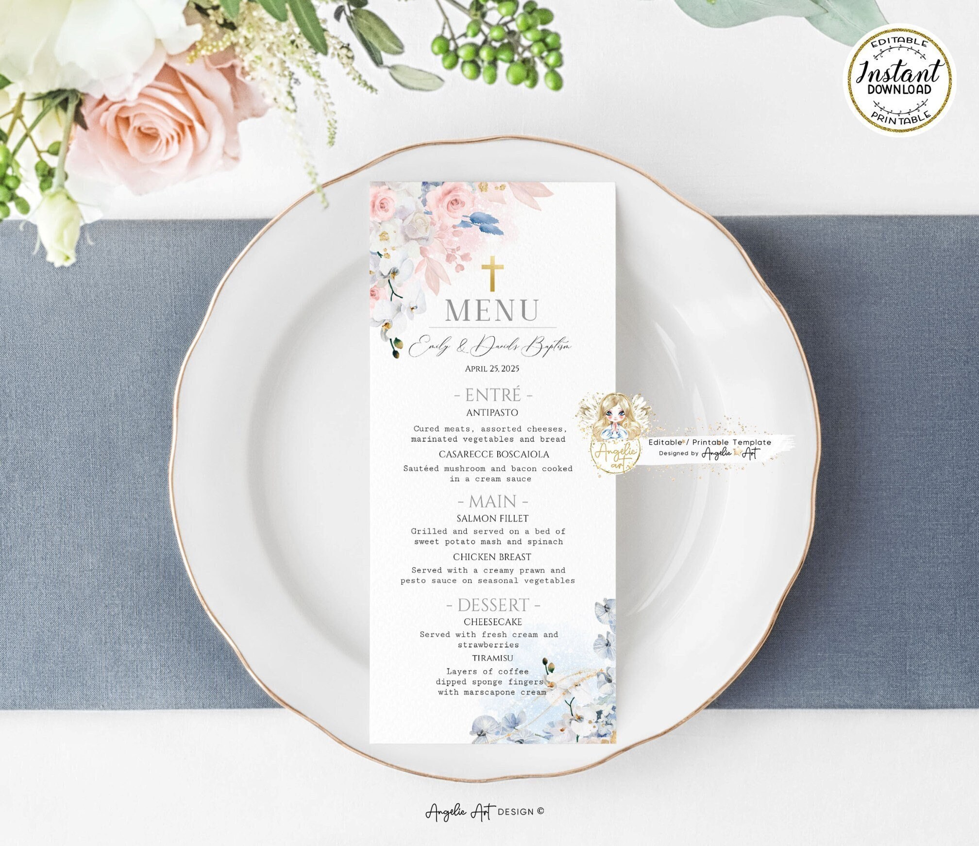 ALEXIS - Pink Blue Orchid Baptism Menu Template Editable Baptism Menu ...