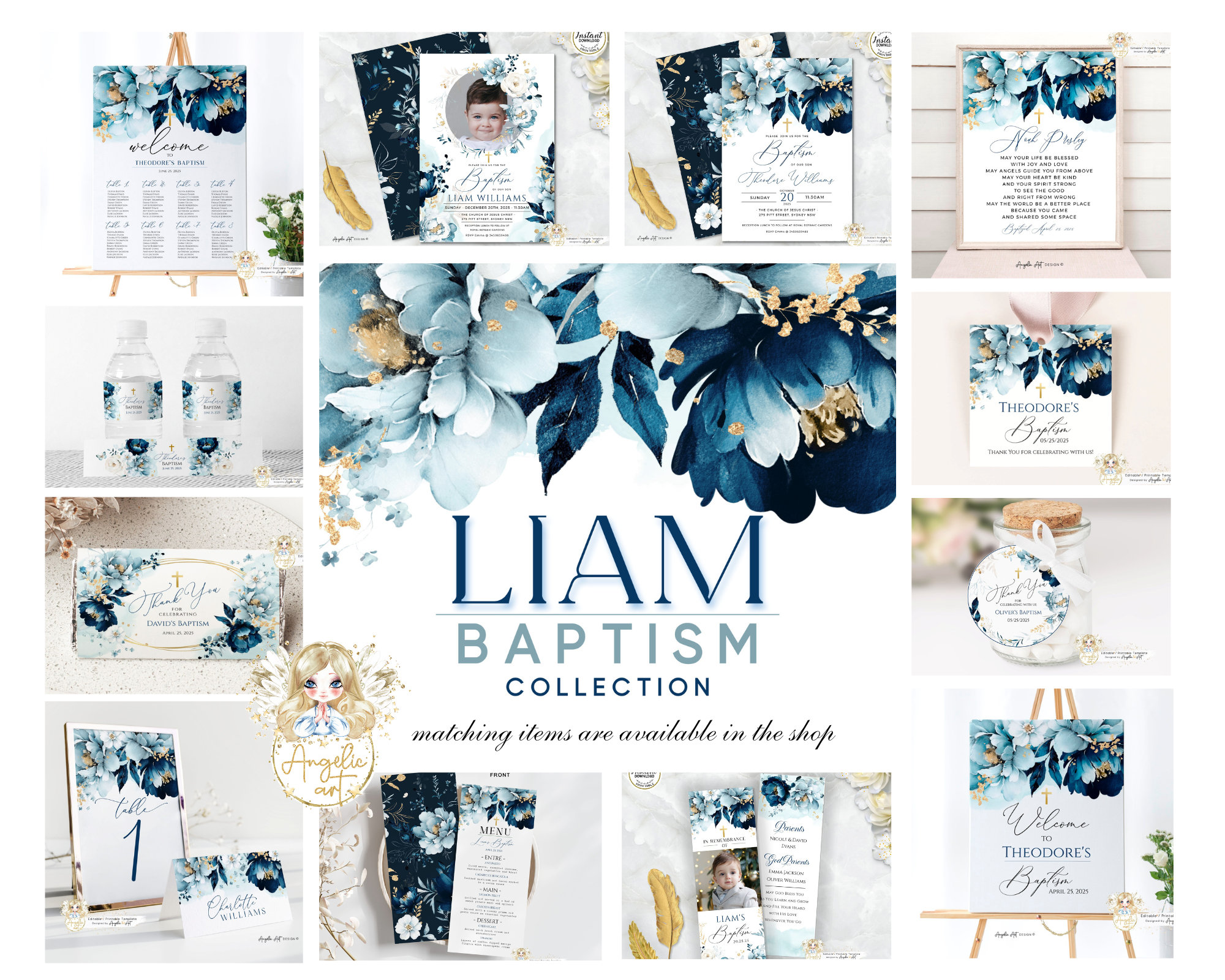 LIAM Blue Gold Floral Baptism Chocolate Wrapper Template - Etsy