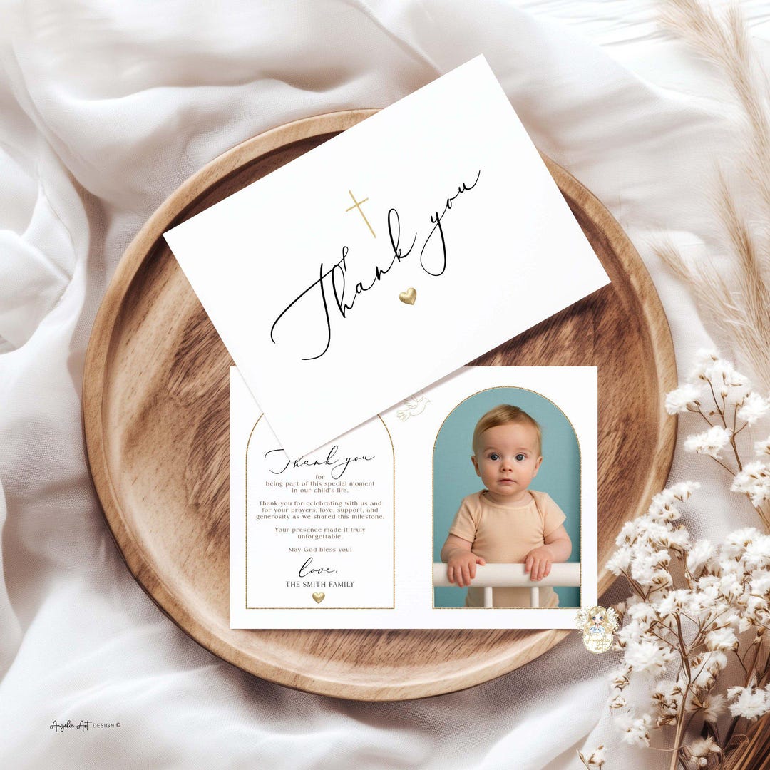 Photo Baptism Thank You Card Template, Classic Golden Arch Simple Thank ...