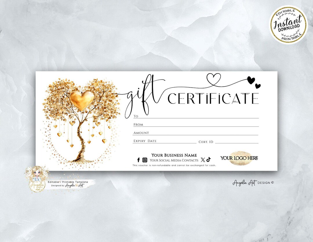 Editable Gold TREE Heart Gift Certificate Template, Valentines Gift ...