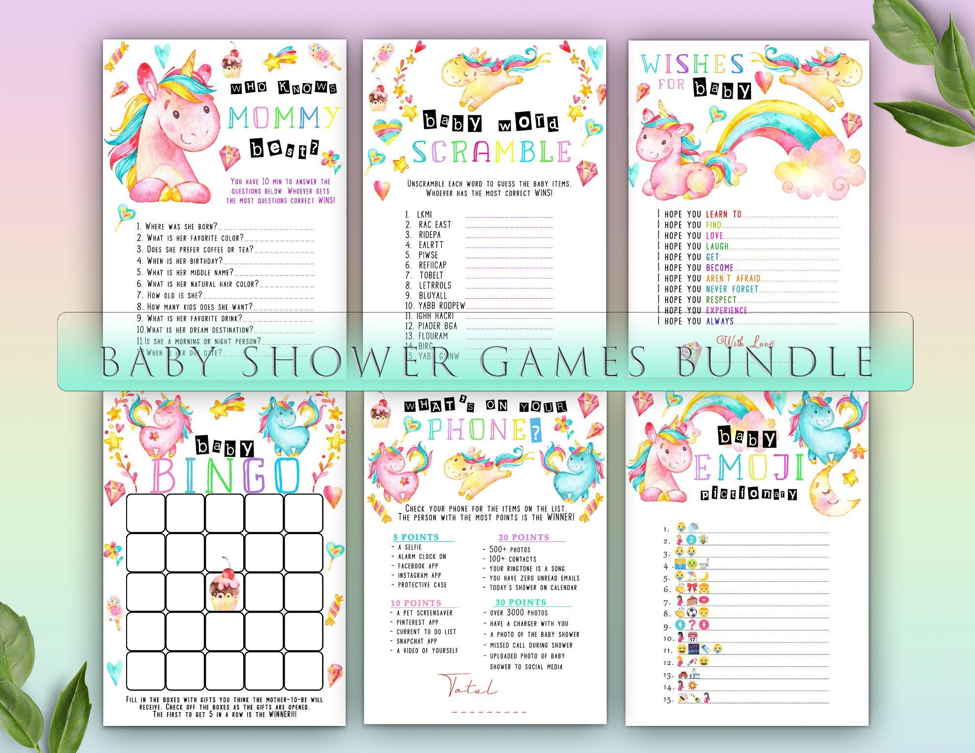 UNICORN Baby Shower Games Set Cute Unicorn Baby Shower Games | Etsy