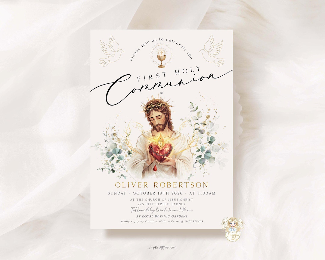Editable Jesus Sacred Heart Invitation Template Greenery Gold Communion ...