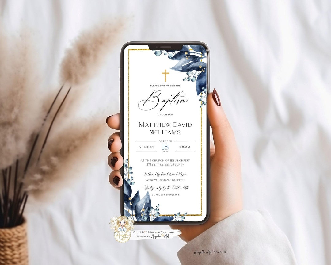 ST PETER - Blue Gold Boy Baptism Evite Template Blue Leaves Boy Baptism ...