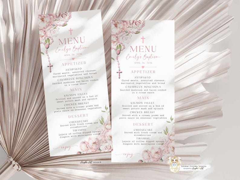 SOPHIA - Blush Pink Floral Rosary Baptism Menu Template EDITABLE ...