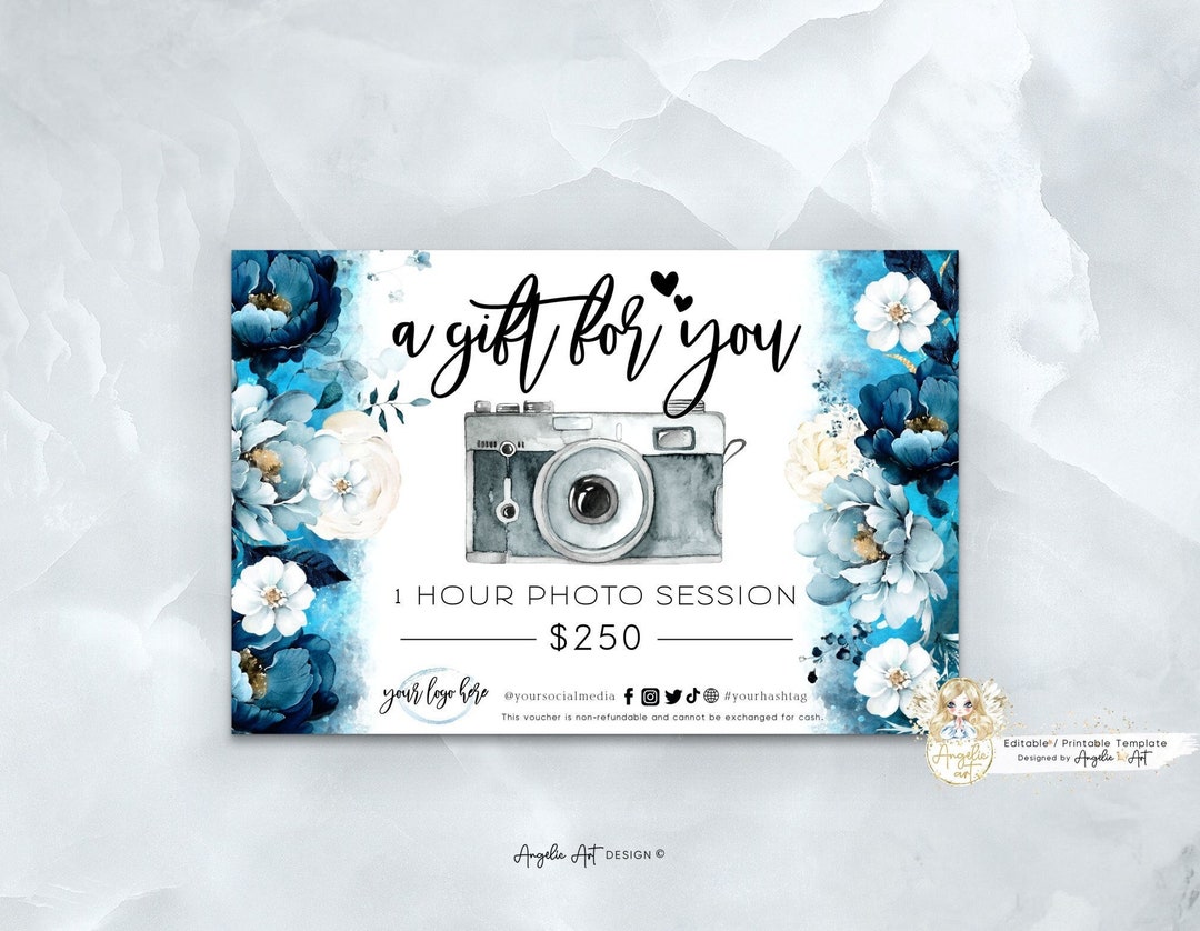 Editable Photography Gift Certificate Template, Blue Floral Photography ...