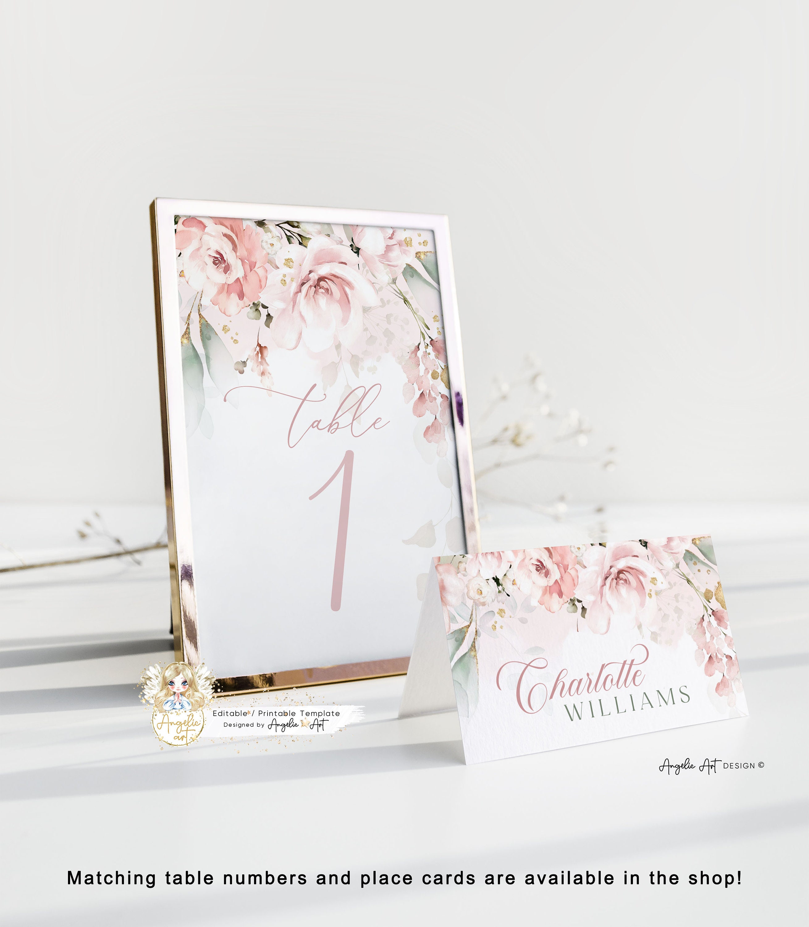 AVA Floral Pink Place Cards Templates Blush Pink Gold Green - Etsy