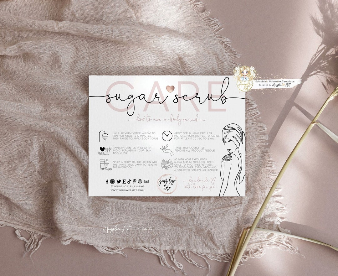 Editable SUGAR Scrub Care Card Template, Body Scrub Care Instructions ...