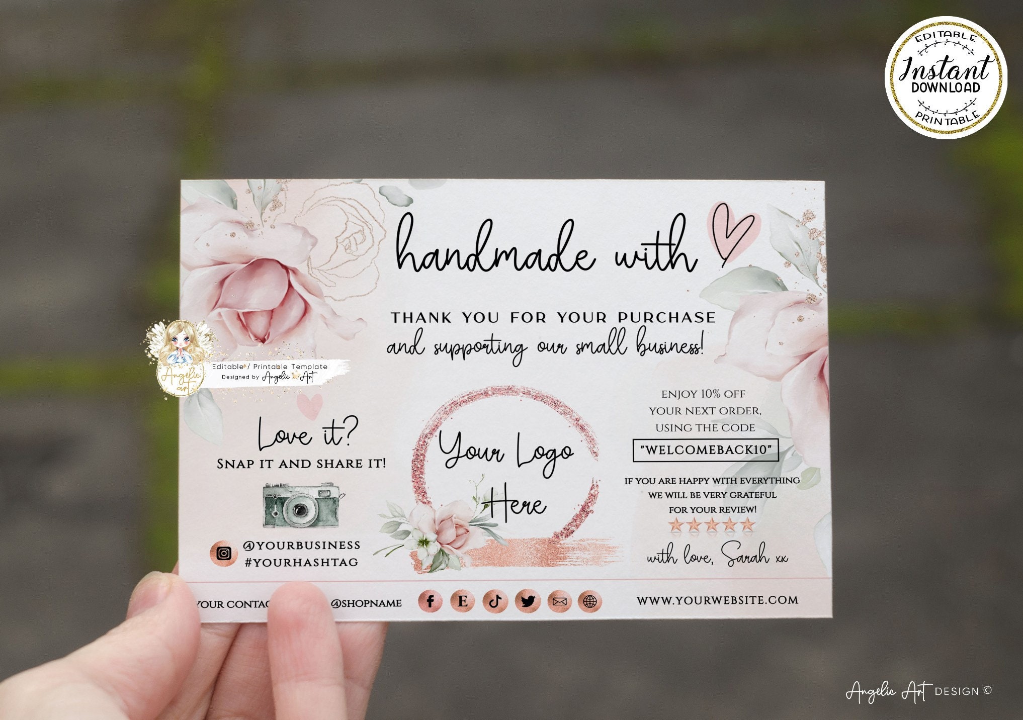 FLORAL Handmade With Love Business Insert Card Template Floral Rosegold ...